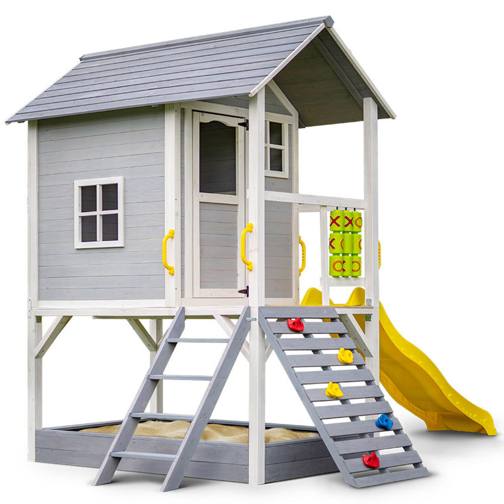 ROVO KIDS Wooden Tower Cubby House with Slide, Sandpit, Climbing Wall ...